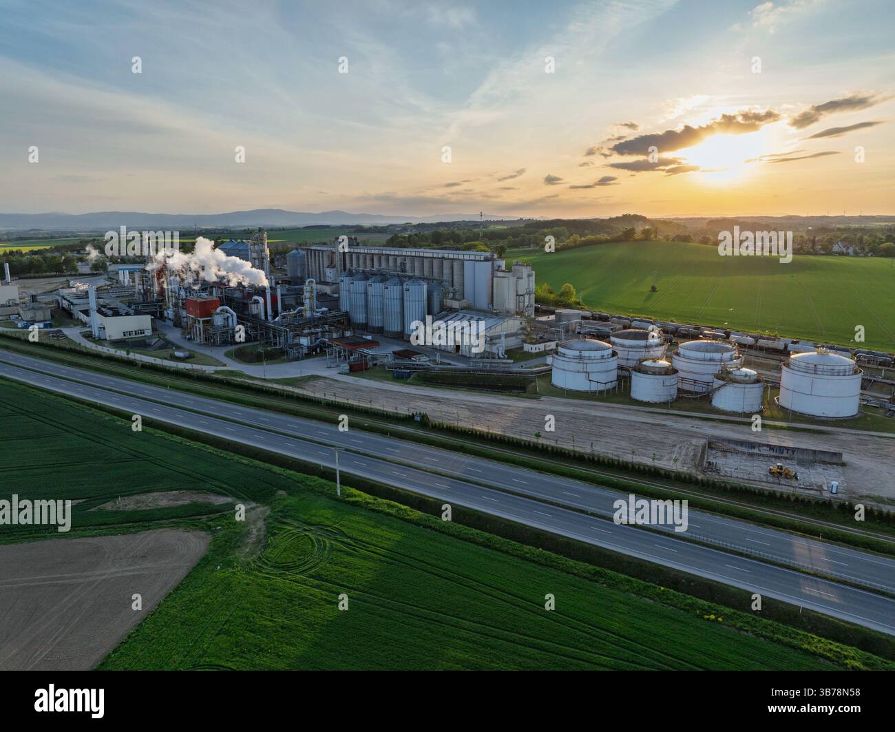 Aerial drone view of methanol and ethanol factory plant. Bioagra ...