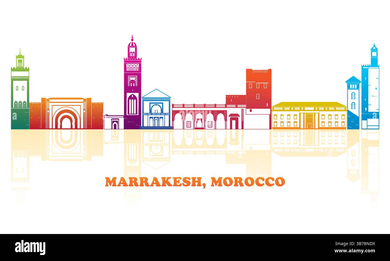 Colourfull Skyline panorama of city of Marrakesh, Morocco - vector ...