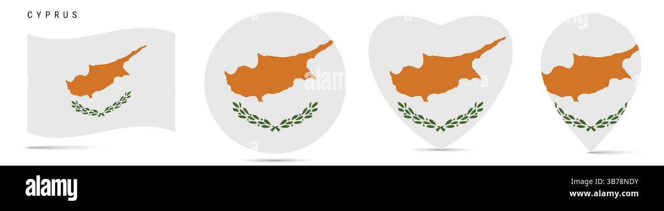 Cyprus waving flag, round circle sticker badge, heart shaped icon, map ...