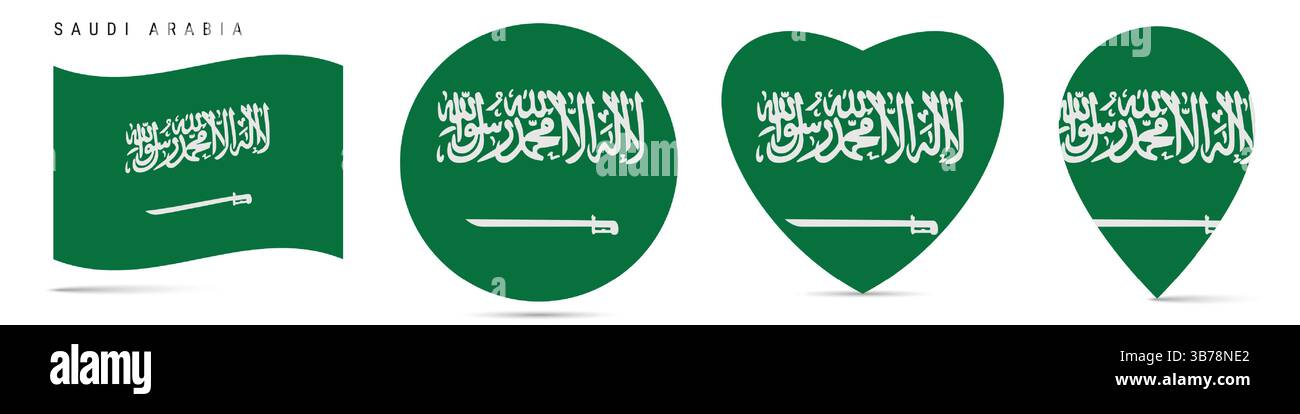 Saudi Arabia waving flag, round circle sticker badge, heart shaped icon ...