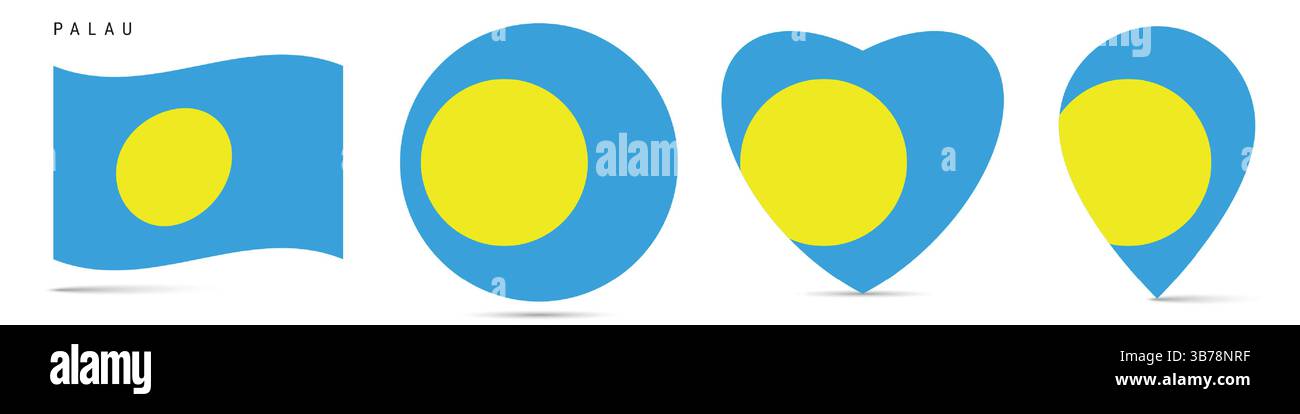 Palau waving flag, round circle sticker badge, heart shaped icon, map ...