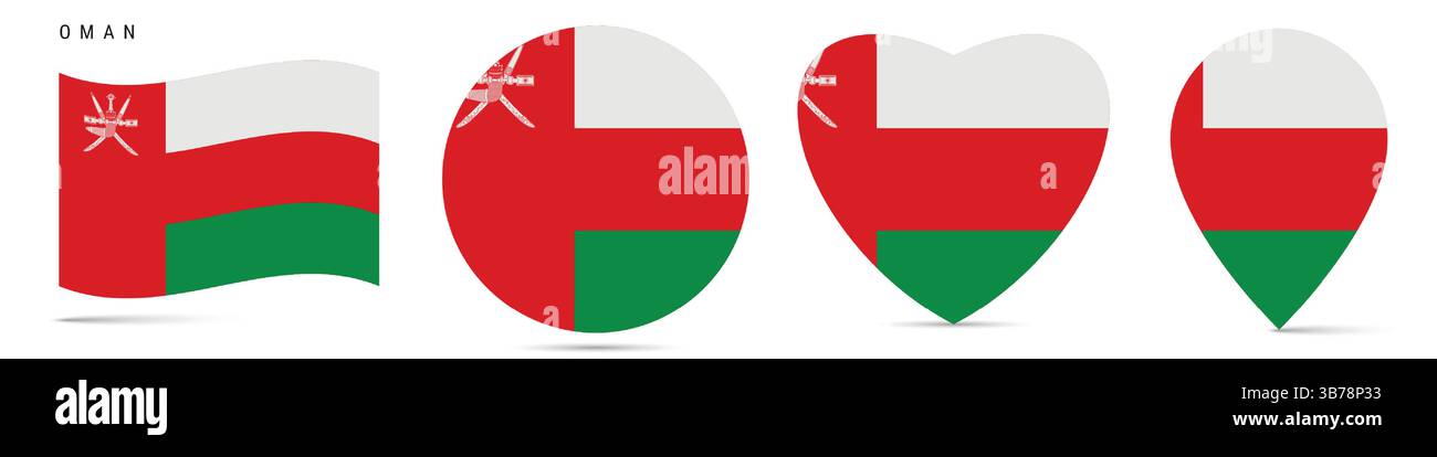 Oman waving flag, round circle sticker badge, heart shaped icon, map ...