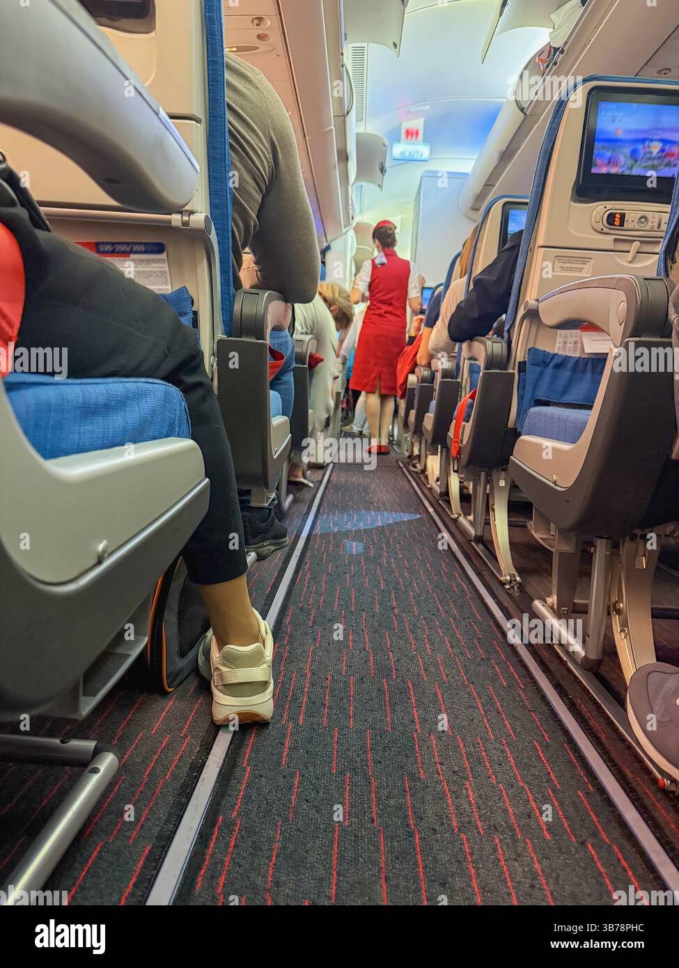Flight attendant standing at the entrance to salon of airplane aisle ...