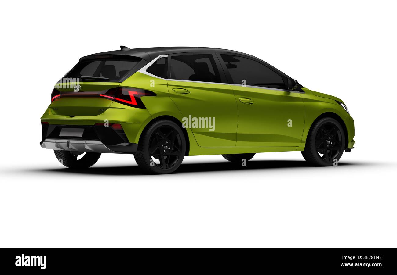 Izmir, Turkey - May 5 2025: Rear right view of the green Hyundai i20 ...