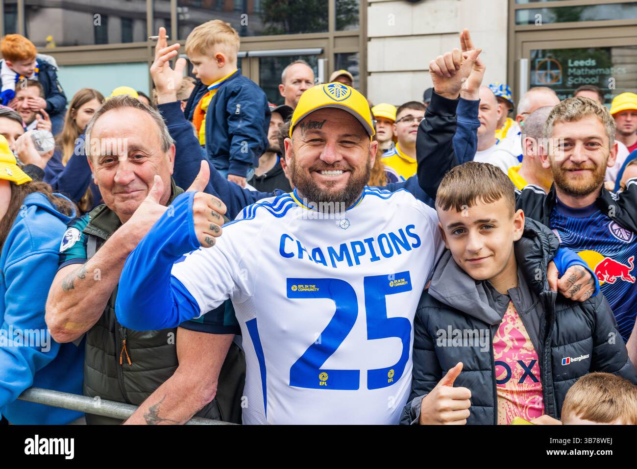 Leeds, UK. 05 MAY, 2025. Man with Champions shirt poses for the camera ...