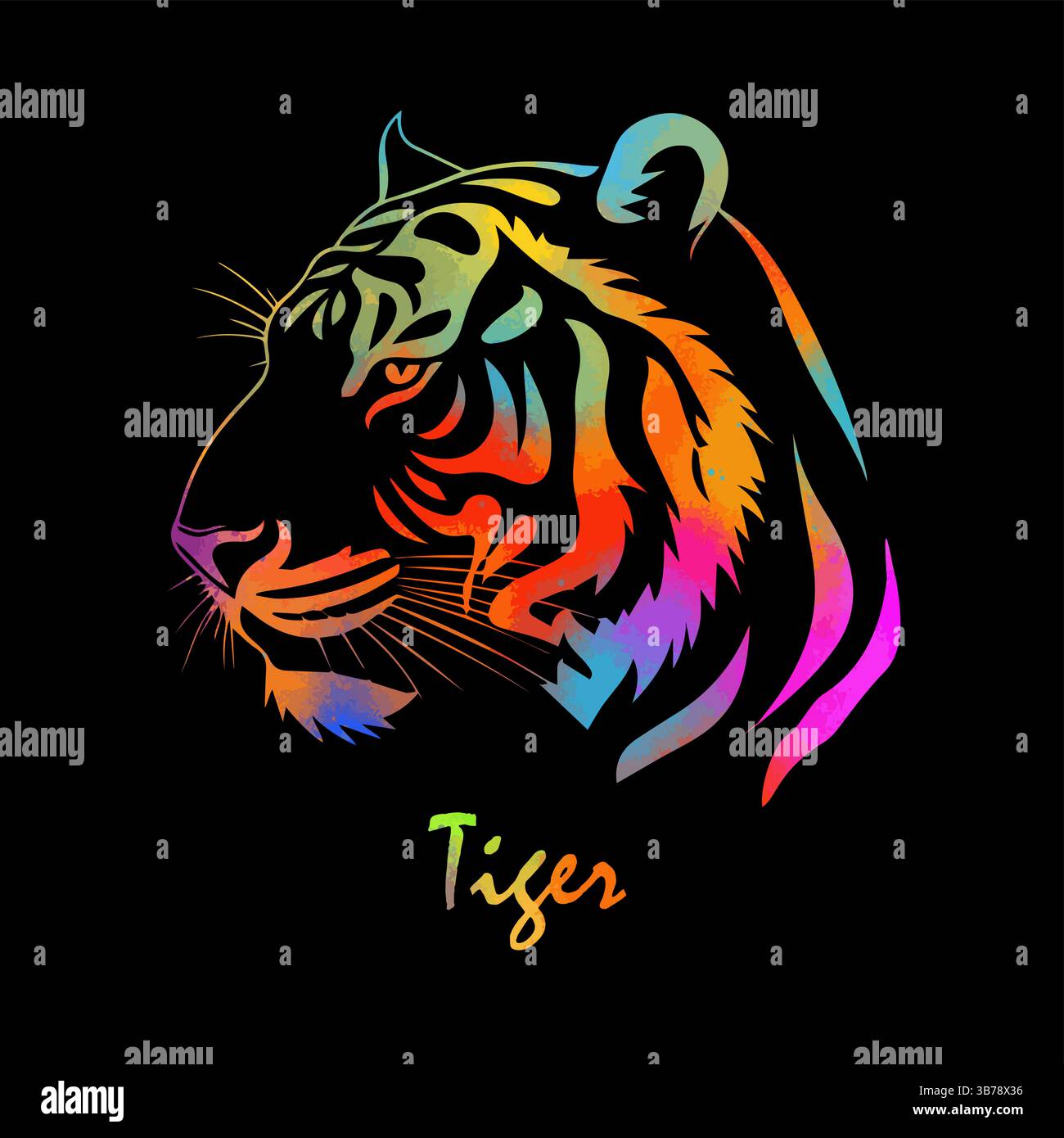 Tiger colored head on black background. hand drawing. Not AI, Vector ...