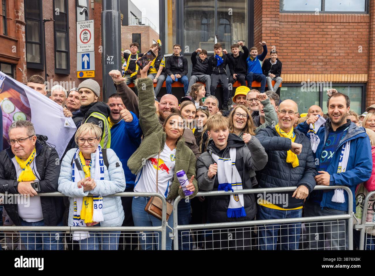 Leeds, UK. 05 MAY, 2025. Fans celebrate in the city center as Leeds ...