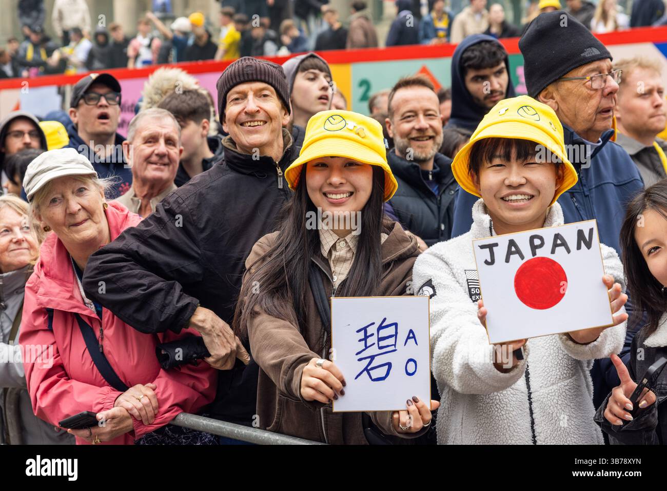 Leeds, UK. 05 MAY, 2025. Fans with Japanese flag and writing for player ...