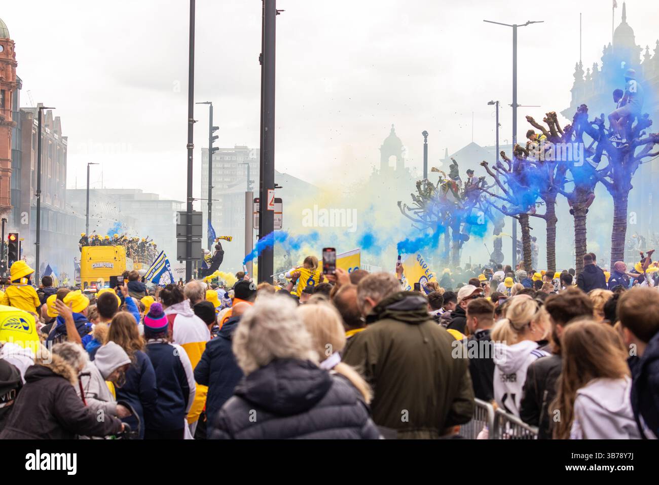 Leeds, UK. 05 MAY, 2025. Fans celebrate in the city center as Leeds ...