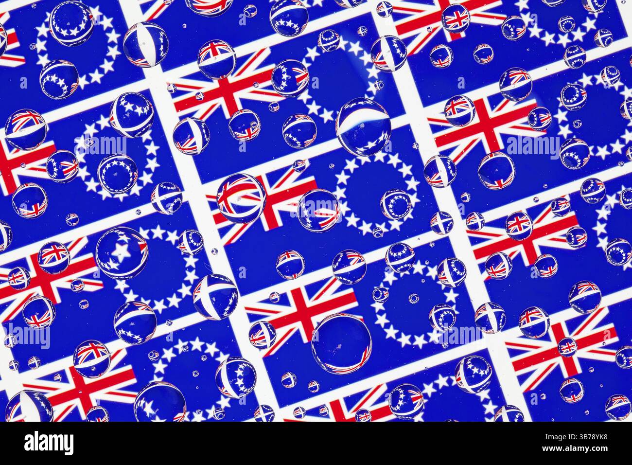 Flags of Cook Islands, behind a glass covered with rain drops.Pattern ...