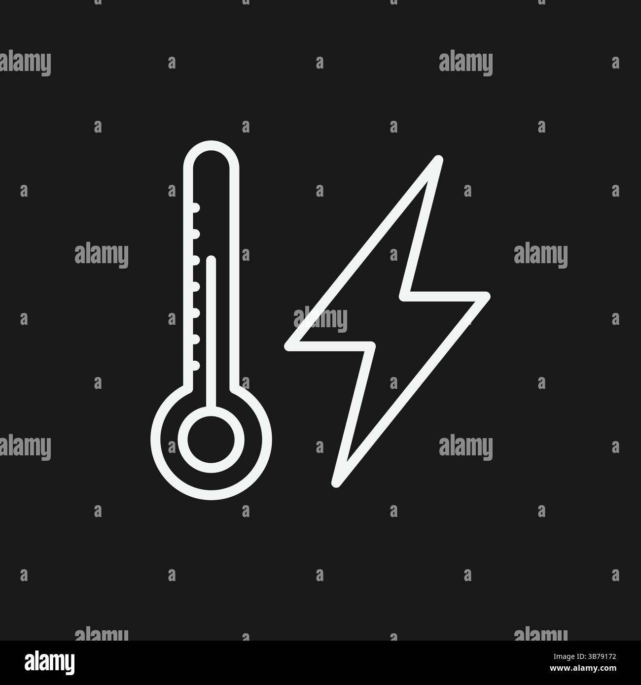 Minimalist Thermometer and Lightning Bolt Icons White Line Weather Symbols on Black Background ...