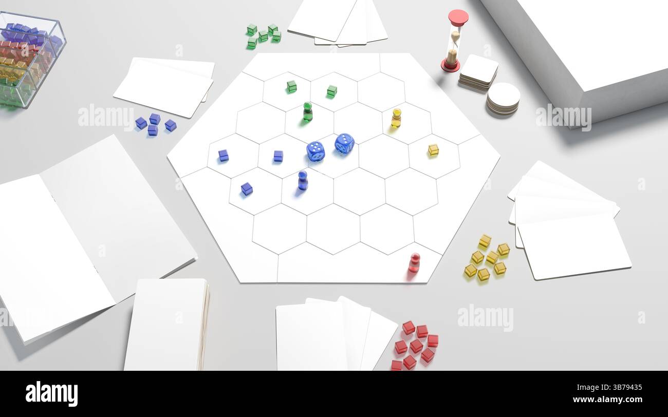 White board game field with chips, dice and cards mockup, 3d rendering ...