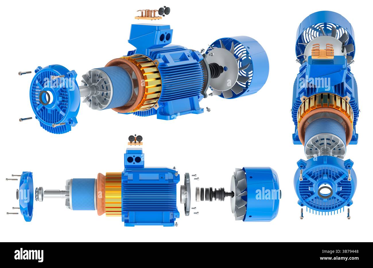 Parts of Industrial Electric Motor different front, side views. 3D ...