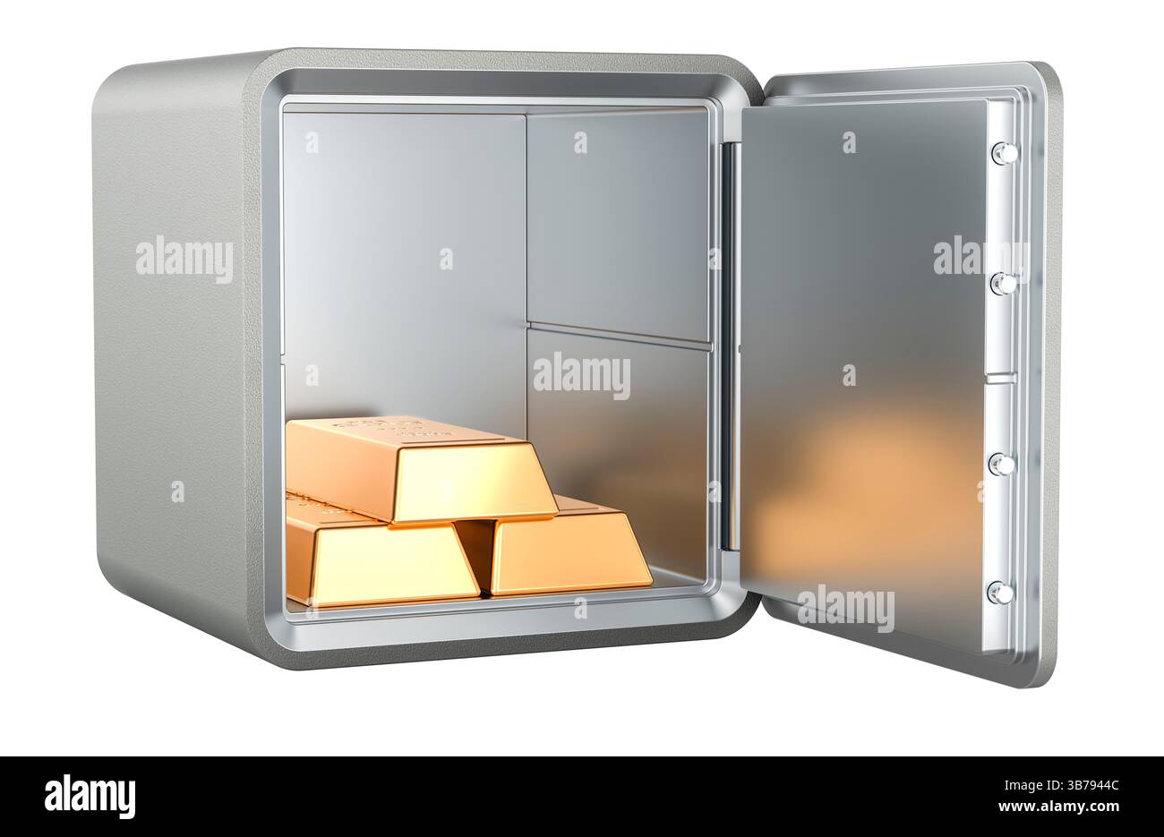 Golden Ingots inside safe with combination lock, 3D rendering isolated ...