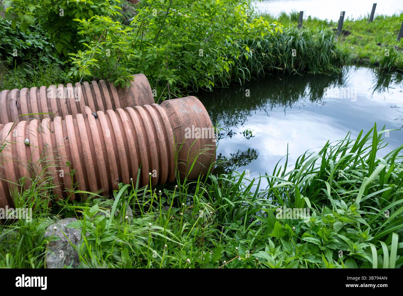 Concrete pipe of the rubble from which water flows into nature. Waste ...