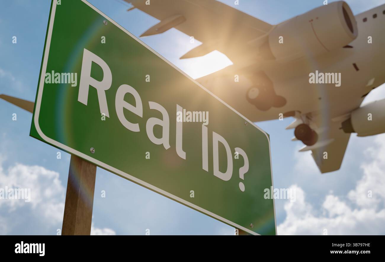 Real ID? Green Road Sign with Low Flying Airplane Just Above with ...