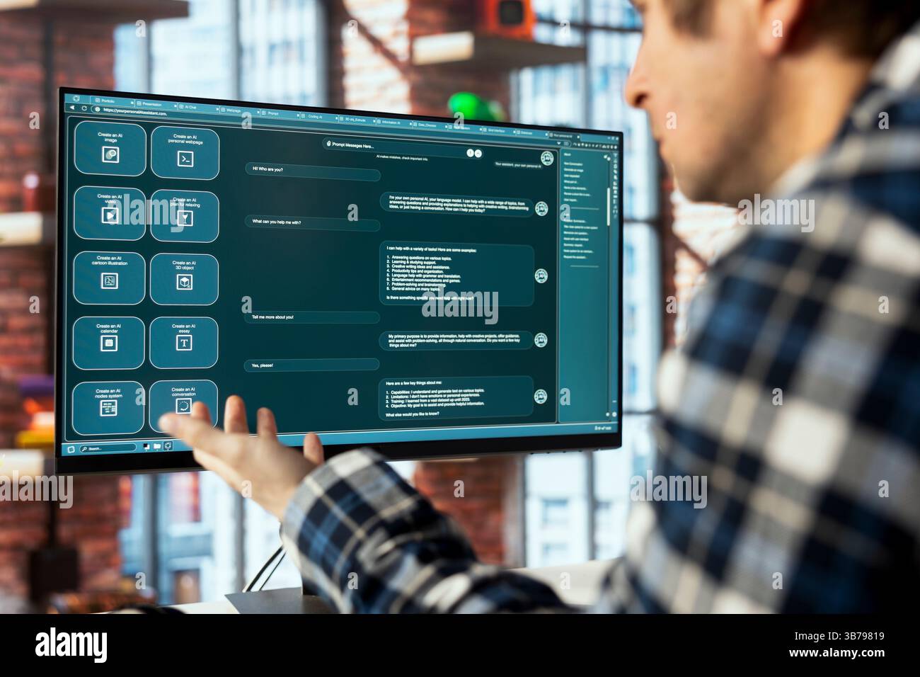 Worker in home office using AI LLM chatbot designed to understand human language. Close up of ...