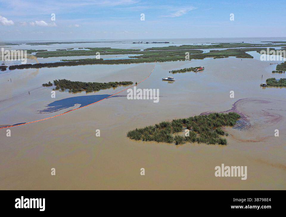 An aerial view shows the affected area of marsh environment near Garden ...