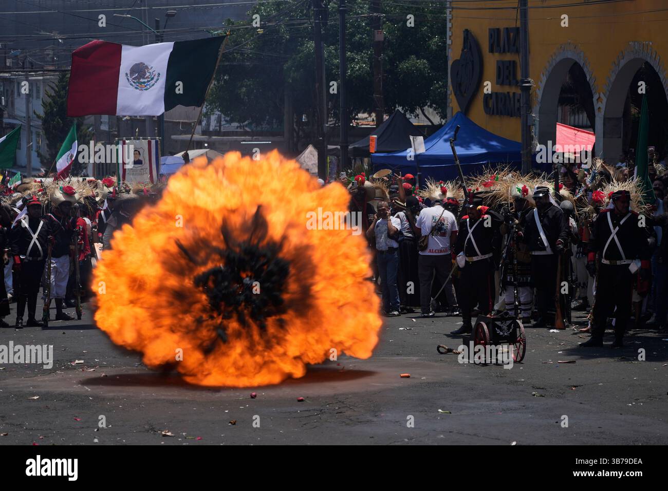 People participate in a reenactment of the Battle of Puebla during a ...