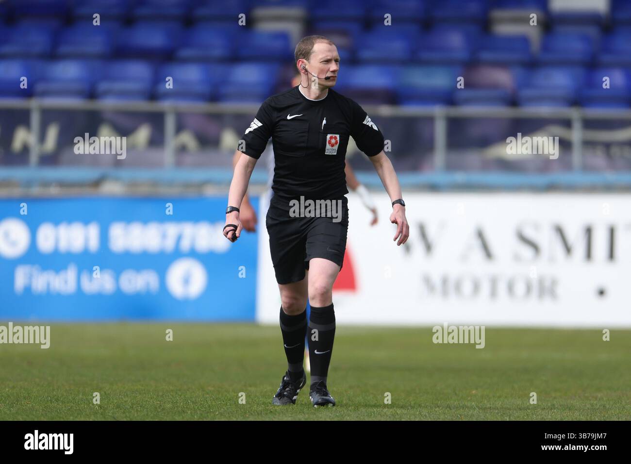 Victoria Park, Hartlepool on Monday 5th May 2025. Match referee Peter ...