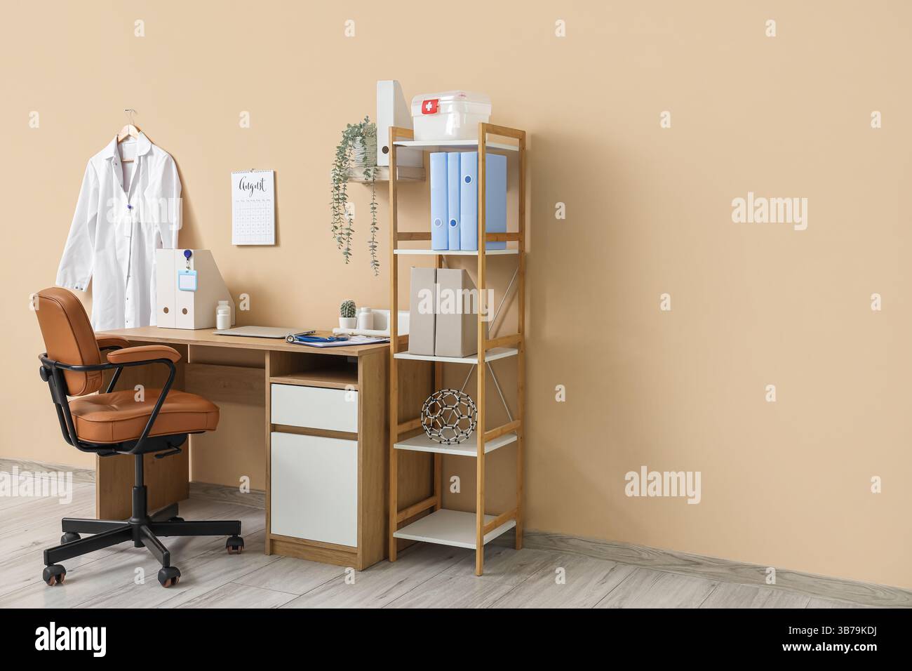 Interior of medical office with doctor's workplace, shelf unit and flip ...