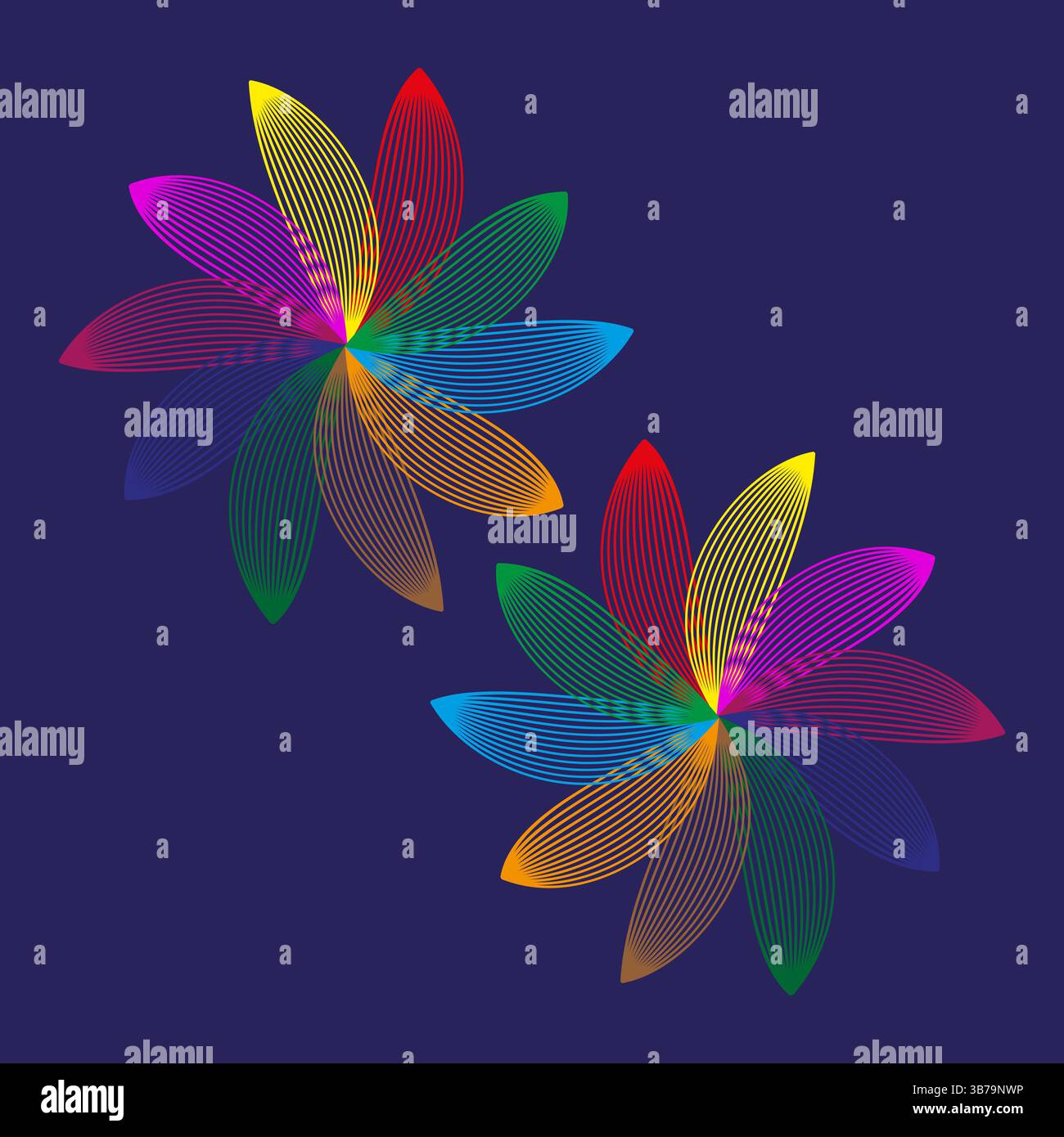 Colorful flower shapes. Blue background contrast. Multicolor petal ...