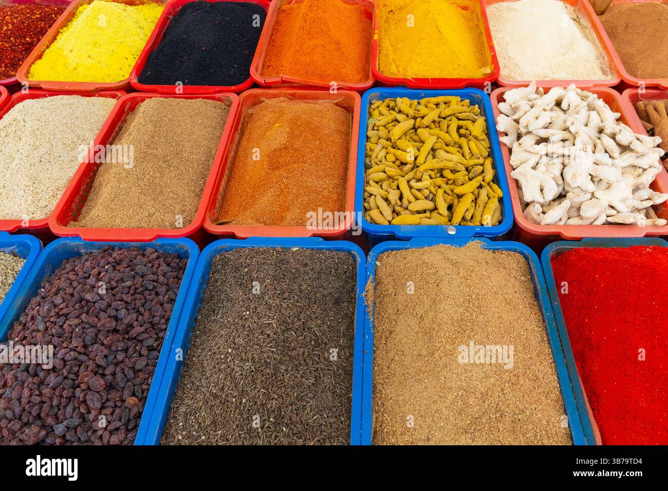 A stand with colorful spice at the Siyob Bazaar in Samarkand ...