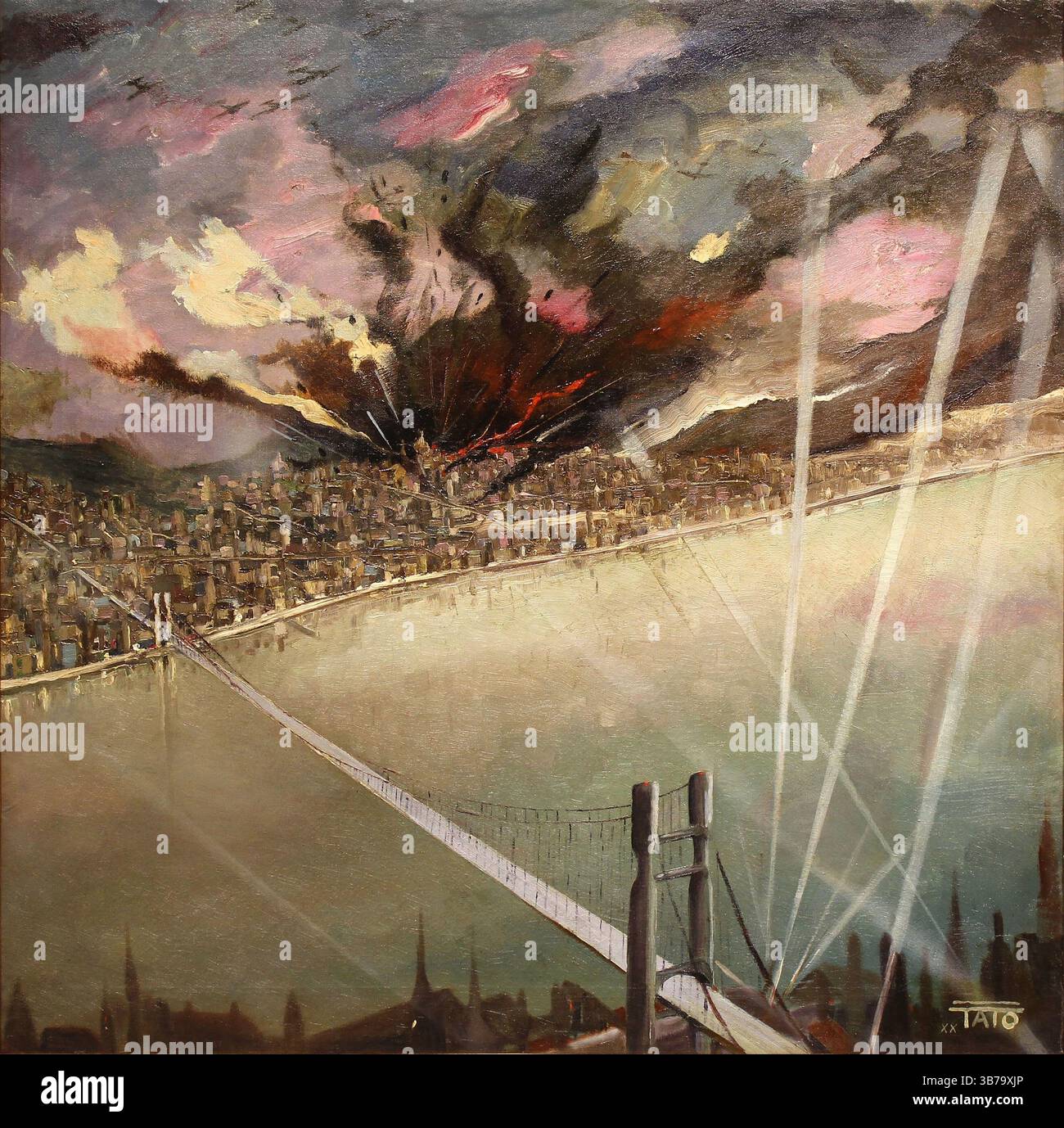 Aeropittura of a bombing in black, pink, violet. (Aeropittura of an ...