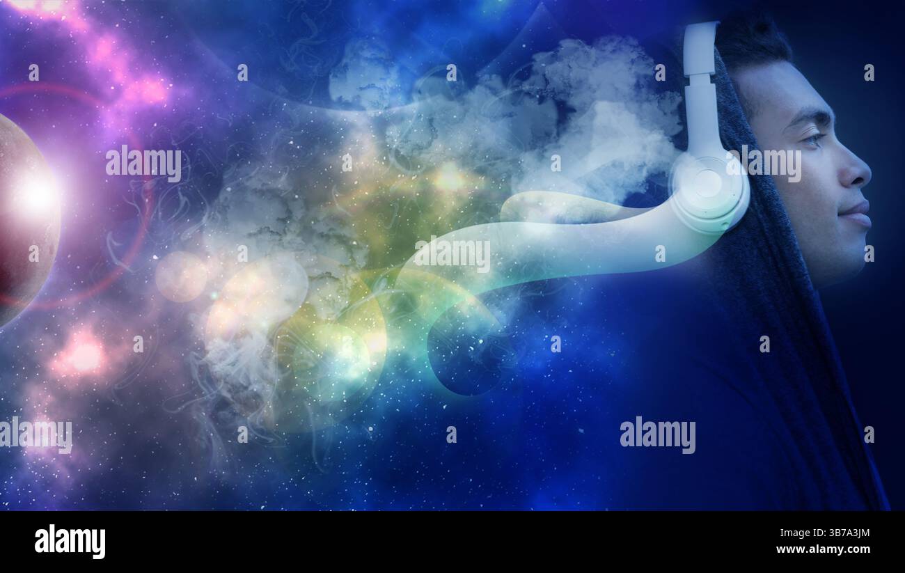 Autonomous sensory meridian response. Man with headphones enjoying ASMR ...