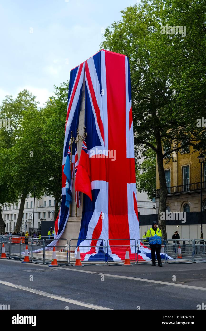 The Cenotaph is draped in the Union flag for the 80th VE Day ...