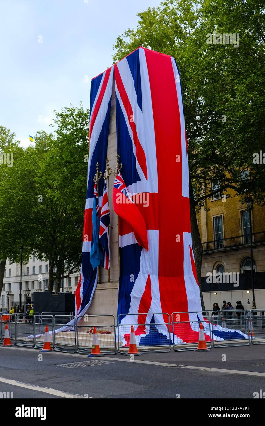 The Cenotaph is draped in the Union flag for the 80th VE Day ...