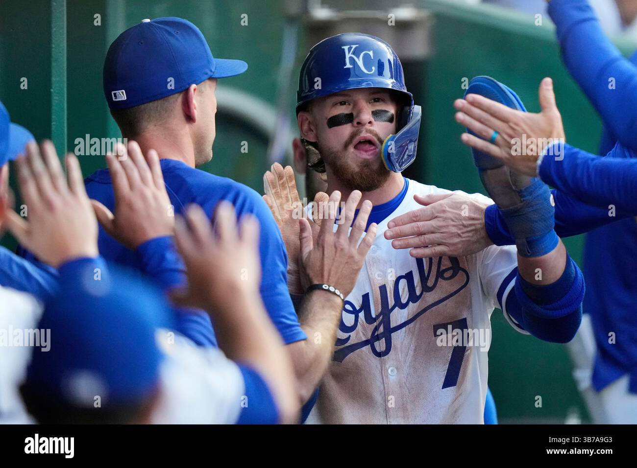 Kansas City Royals' Bobby Witt Jr. celebrates in the dugout after ...