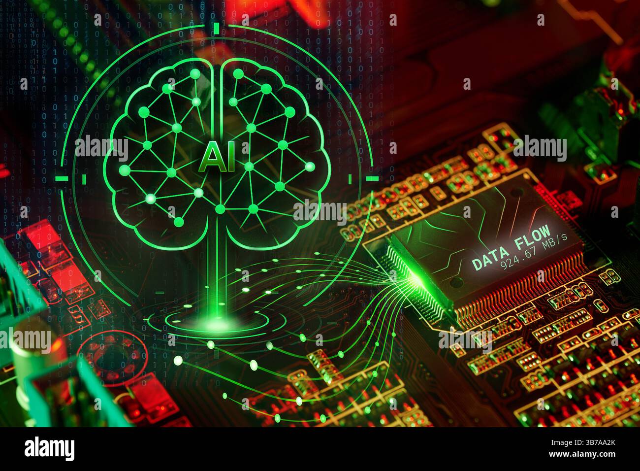A green, glowing AI brain icon overlaid on a circuit board and binary ...