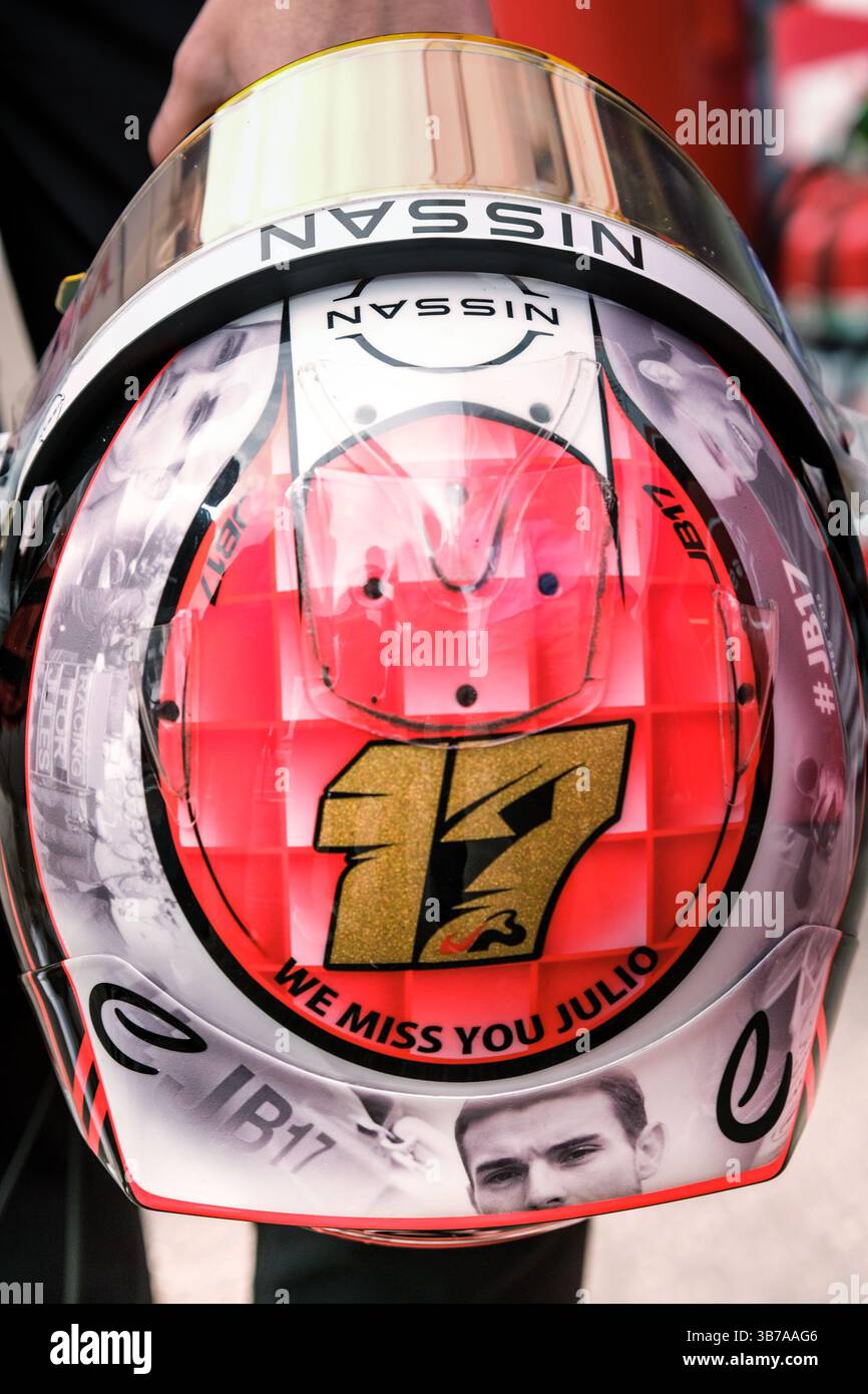 Norman Nato’s helmet from the Nissan Formula E Team at the end of free ...