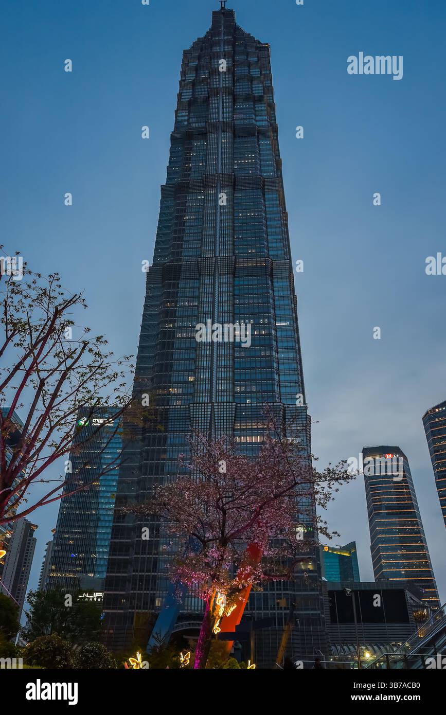 Shanghai, China – 1 April 2025: Vertical night shot of Jin Mao Tower ...