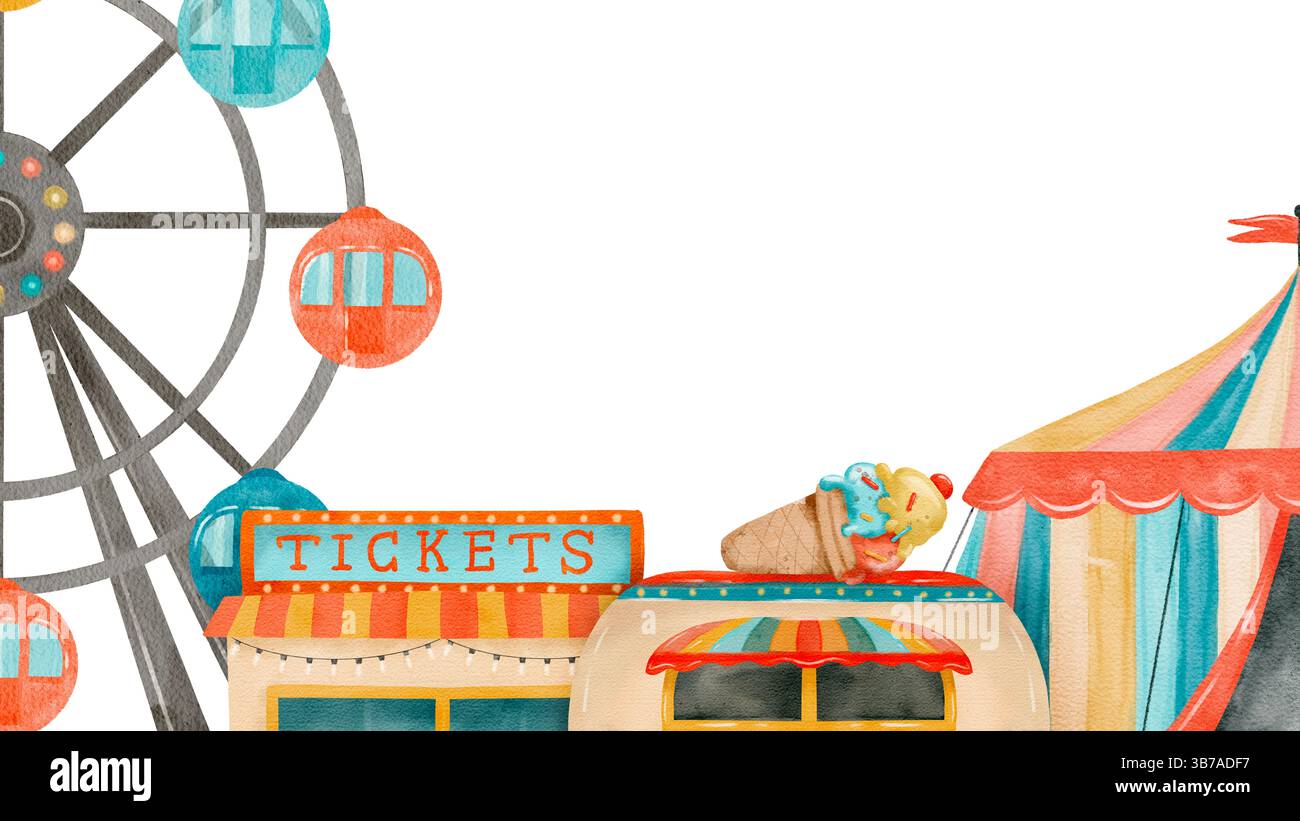 A colorful carnival scene features a giant Ferris wheel, busy ticket ...