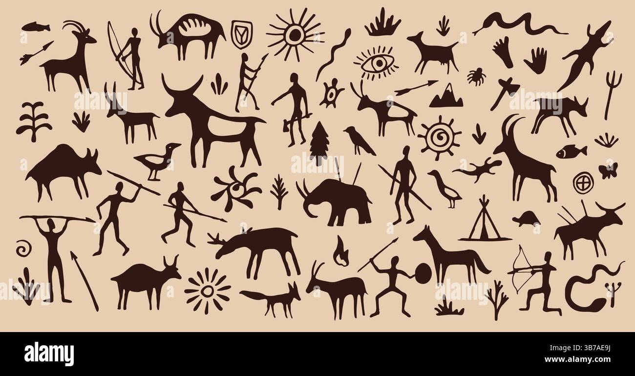 Cave painting, ancient prehistoric drawings of animals and tribal ...