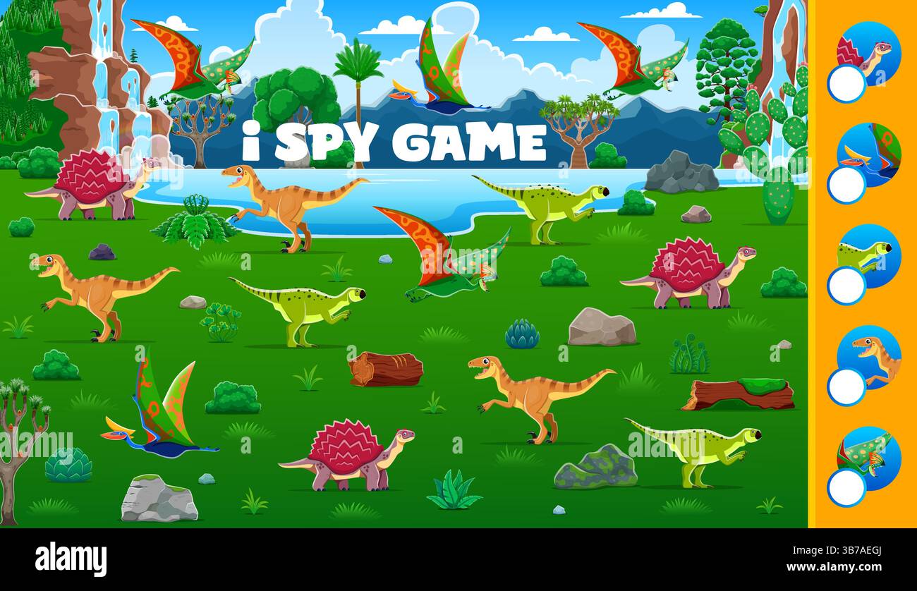I spy game worksheet with prehistoric dinosaur characters and Jurassic ...