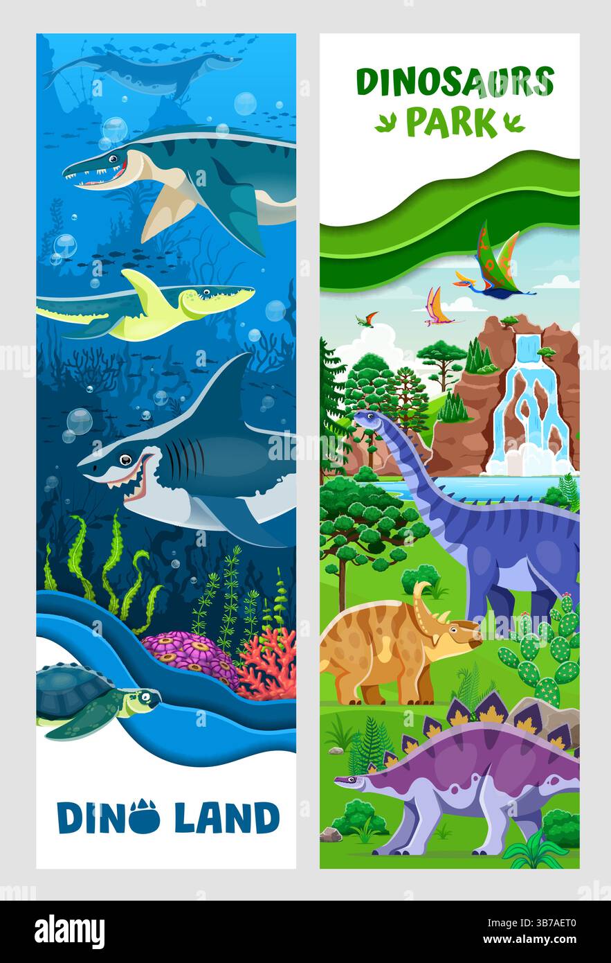 Dino park paper cut banners with funny dinosaurs characters. Dino land ...