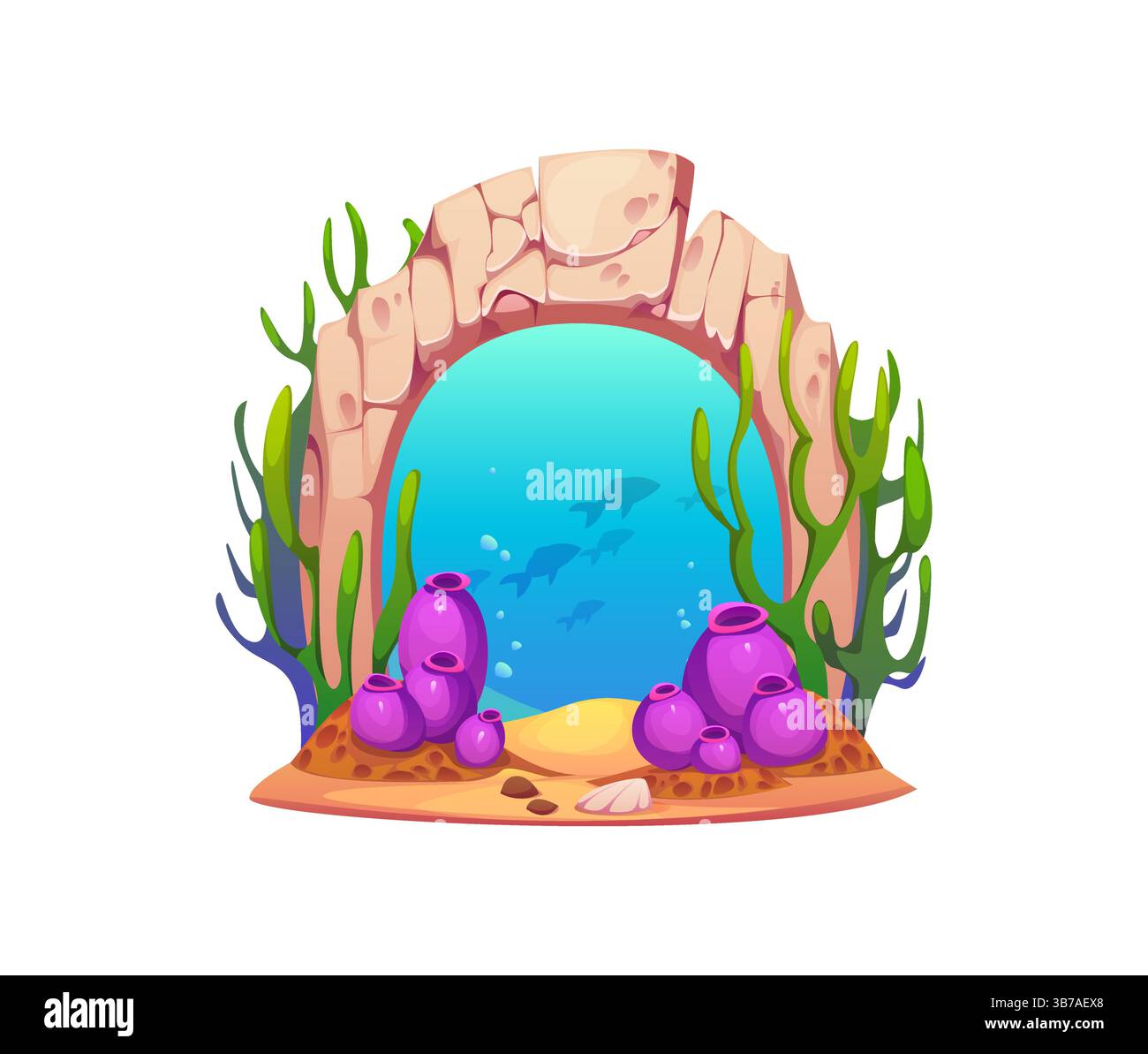 Game magic portal, cartoon underwater sea gate with fish, seaweed and ...