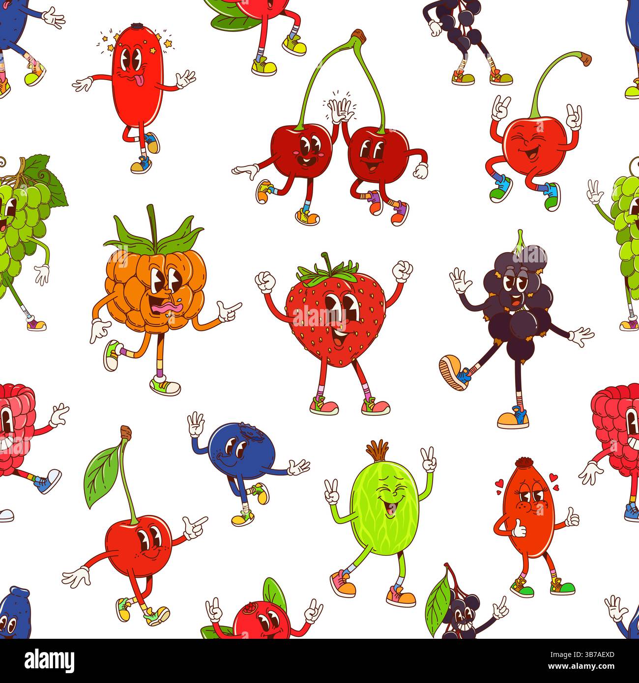 Groovy berry characters seamless pattern of funny fruits, vector ...