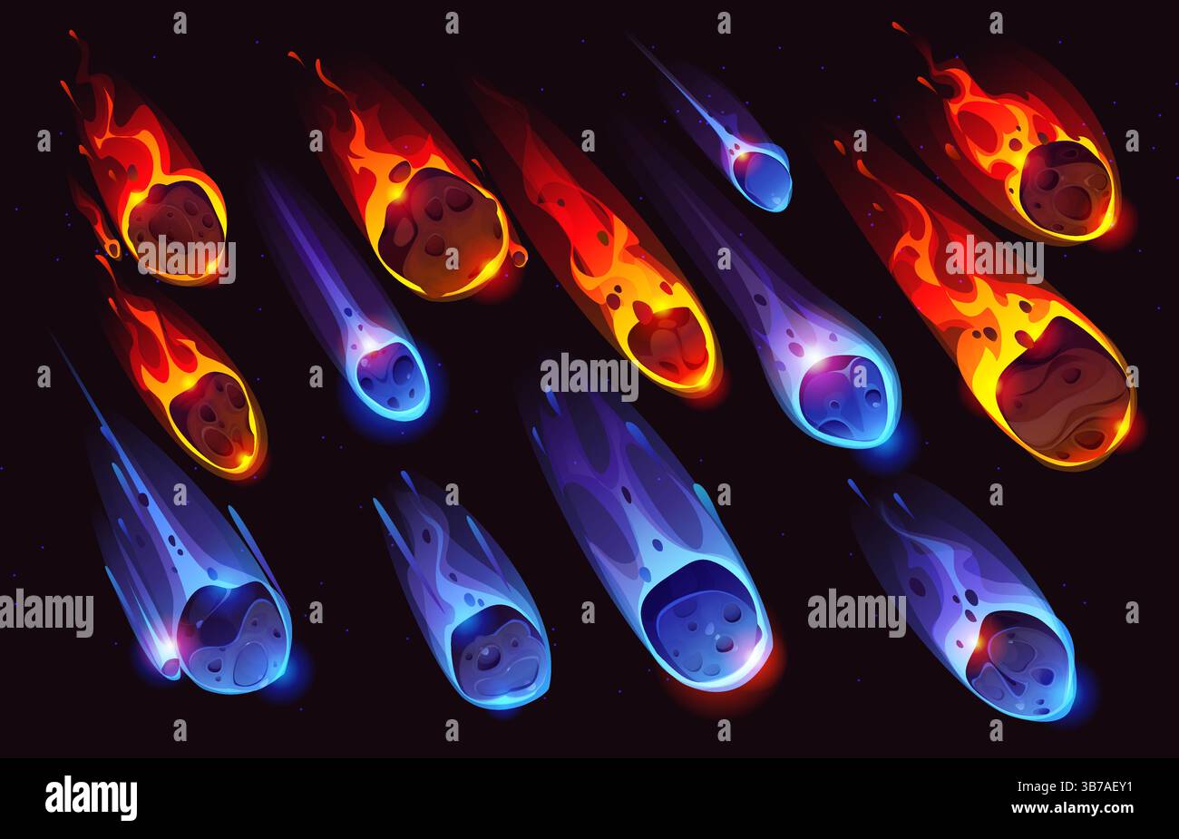 Cartoon comets meteors and ice asteroids. Galaxy space objects with ...