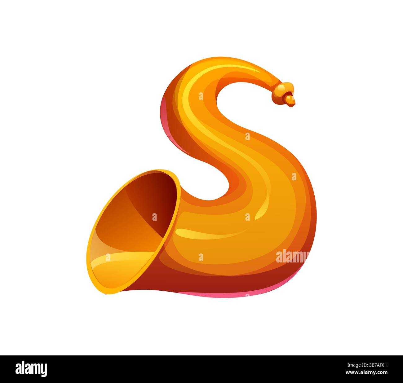 Cartoon musical font letter S as a brass horn, trumpet or pipe, wind ...