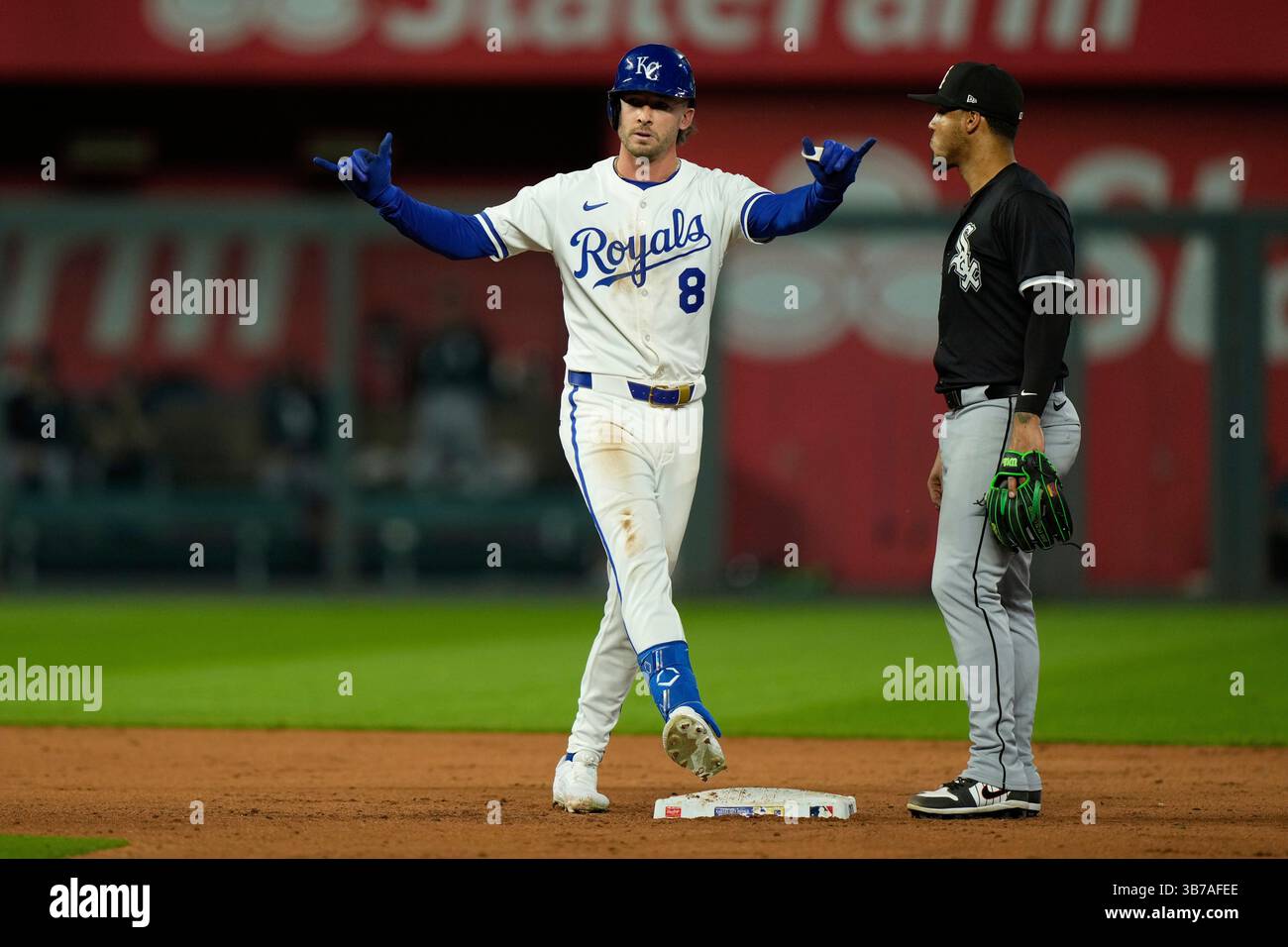 Kansas City Royals' Drew Waters celebrates on second after hitting an ...