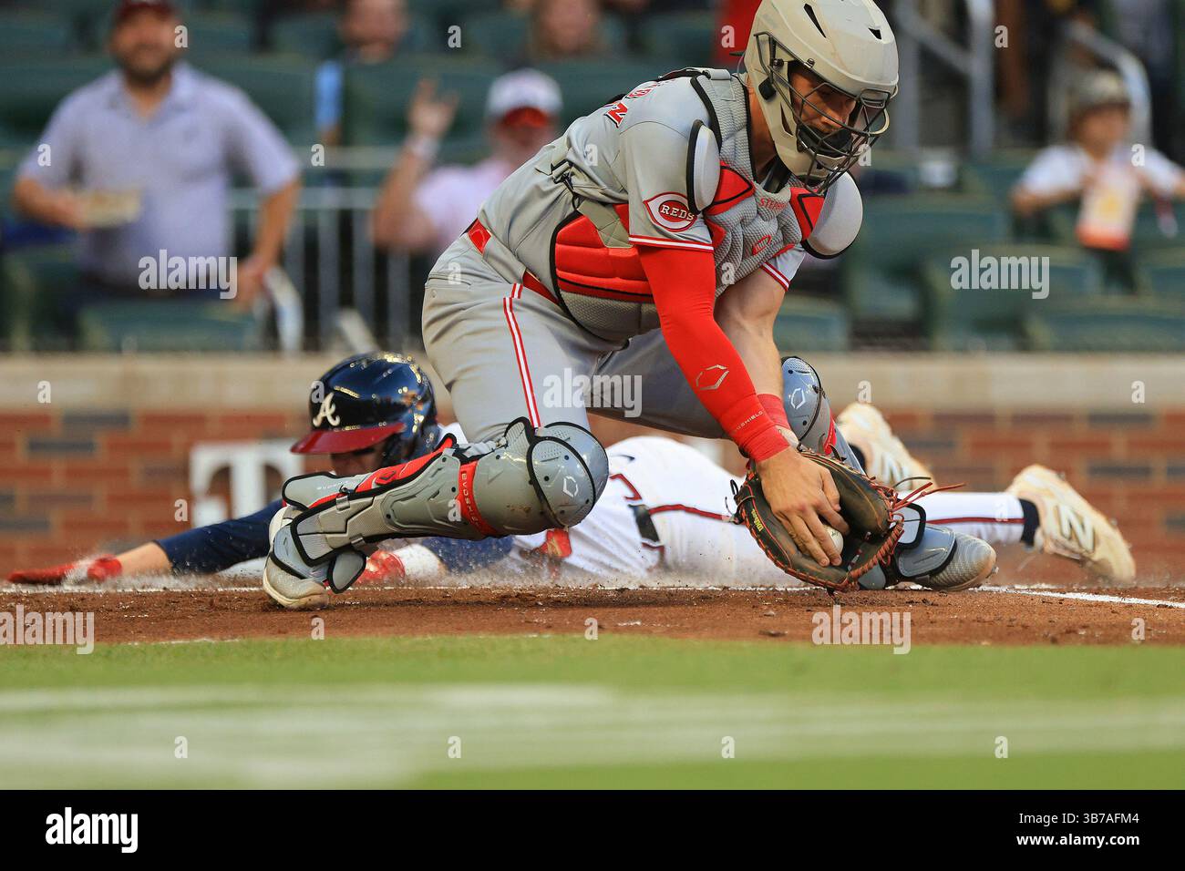 ATLANTA, GA - MAY 05: Nick Allen #2 of the Atlanta Braves slides safely ...