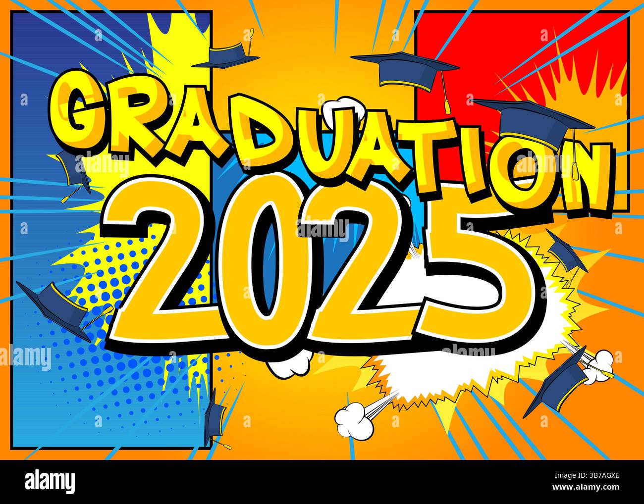 Cartoon Graduation 2025, comic book Education Celebration. Retro vector ...
