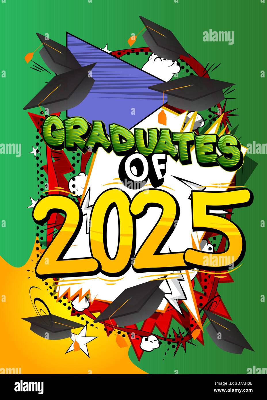 Cartoon Graduation 2025, comic book Education Celebration. Retro vector ...