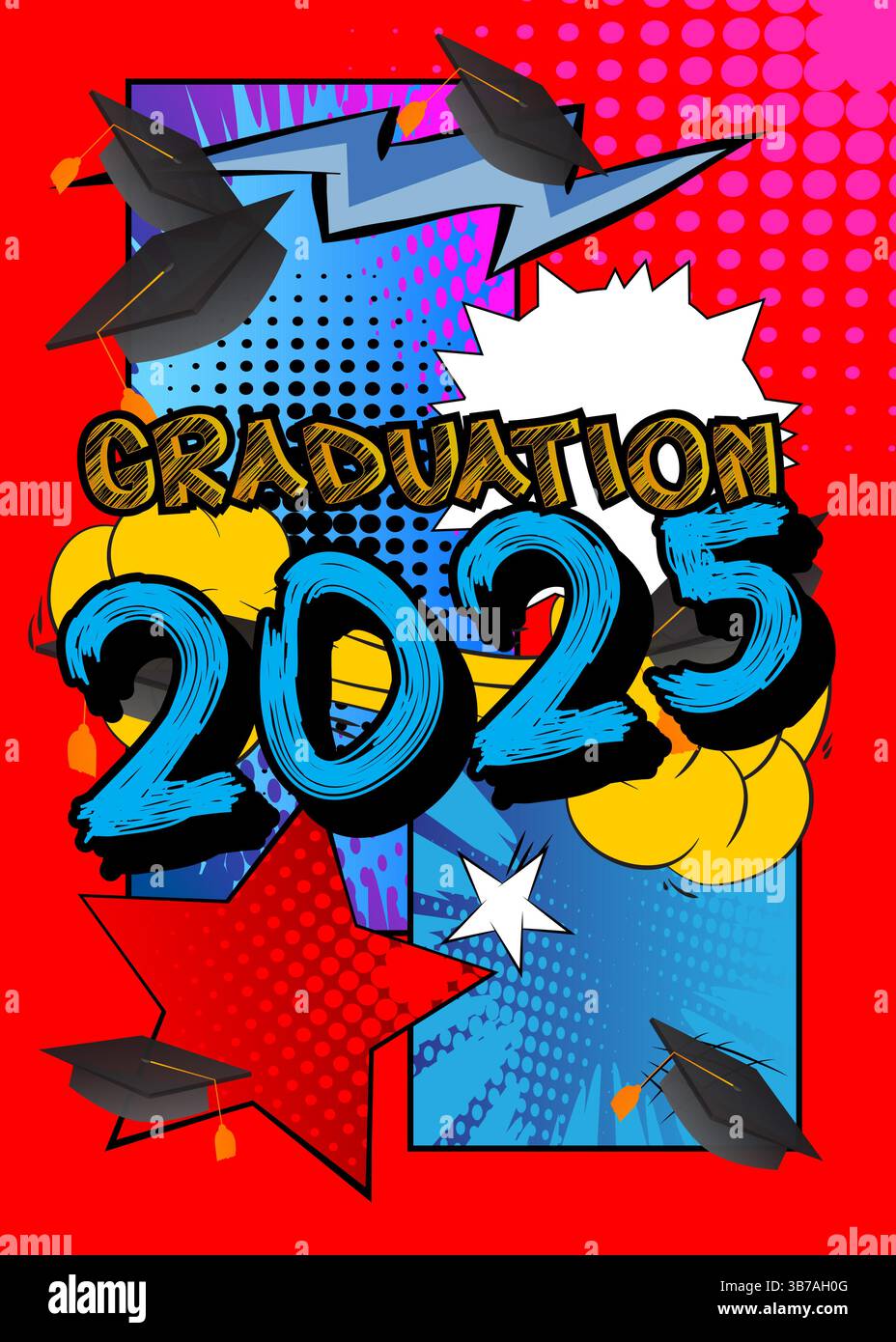 Cartoon Graduation 2025, comic book Education Celebration. Retro vector ...