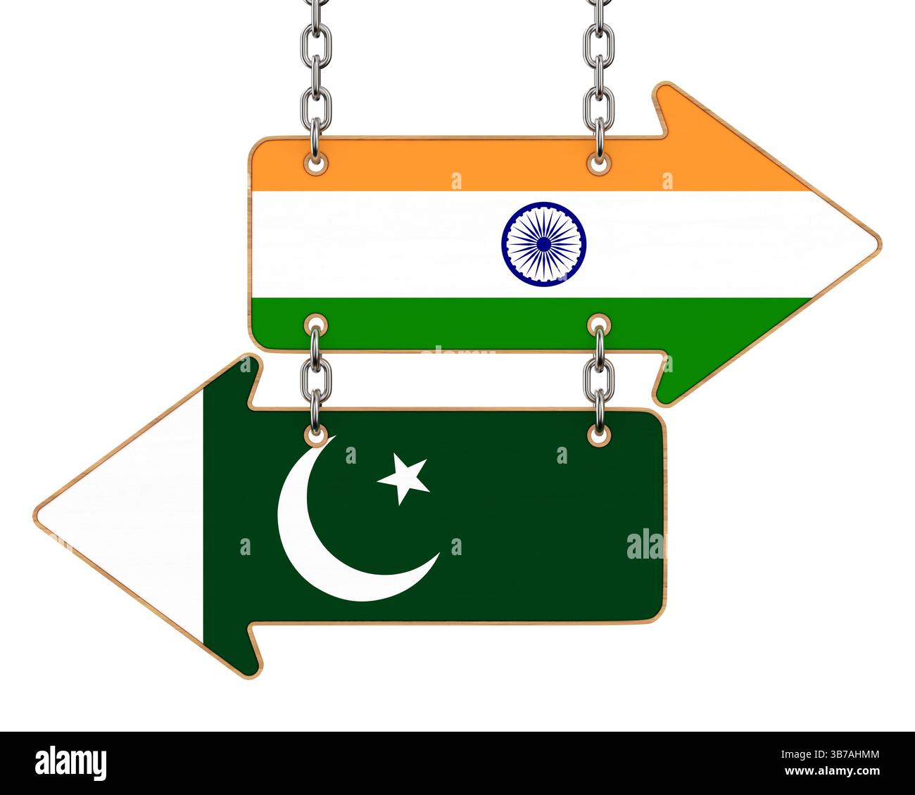 Wooden signboard hanging from chains with flags India and Pakistan on ...