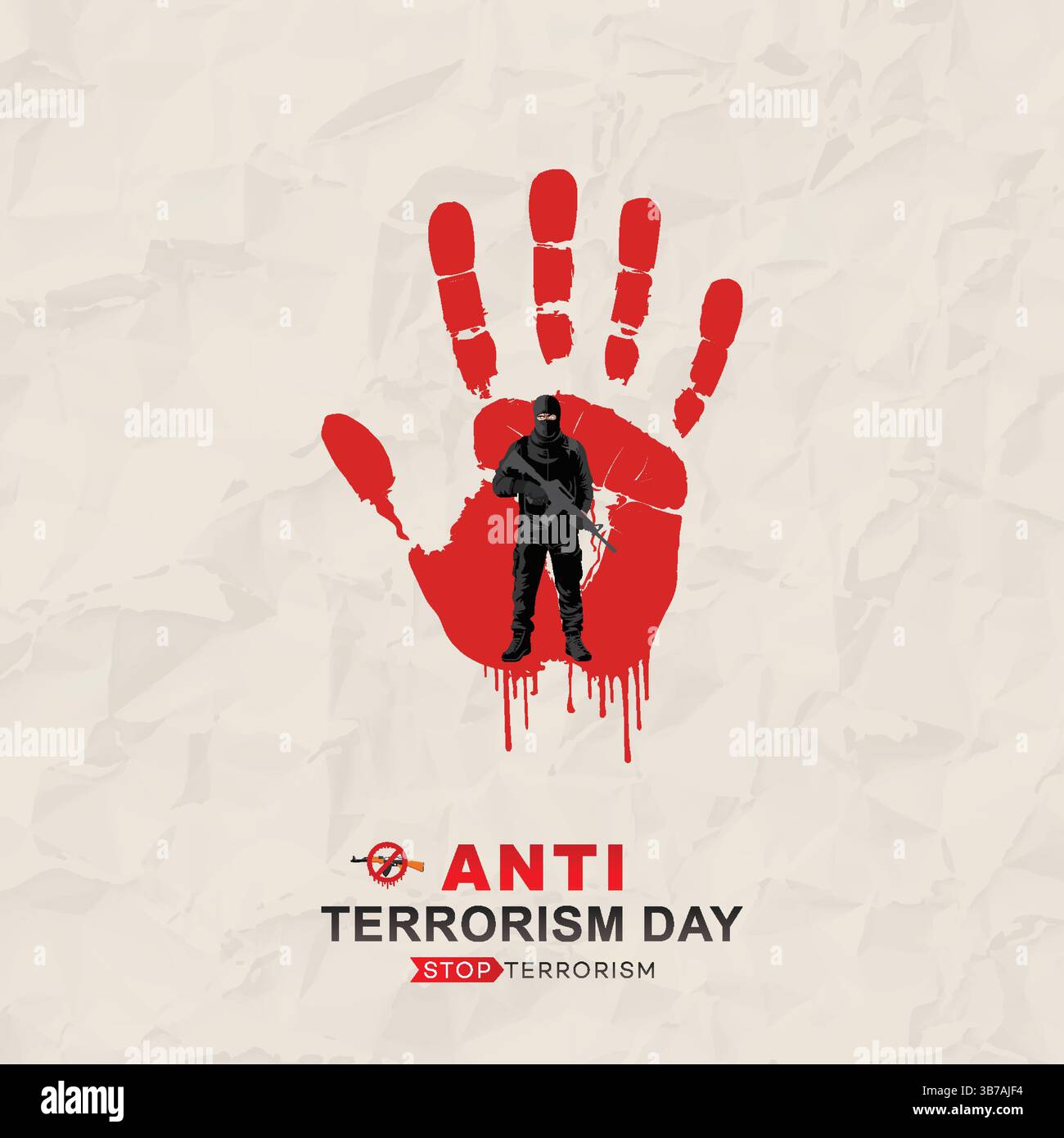 Anti-Terrorism Day with stop hand sign and armed figure illustration ...